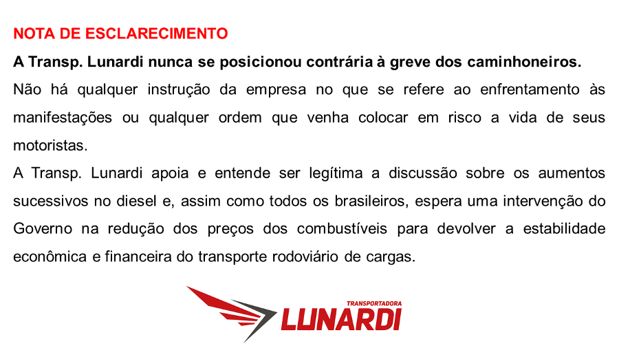 Nota – Transportadora Lunardi :: A confiança nos move